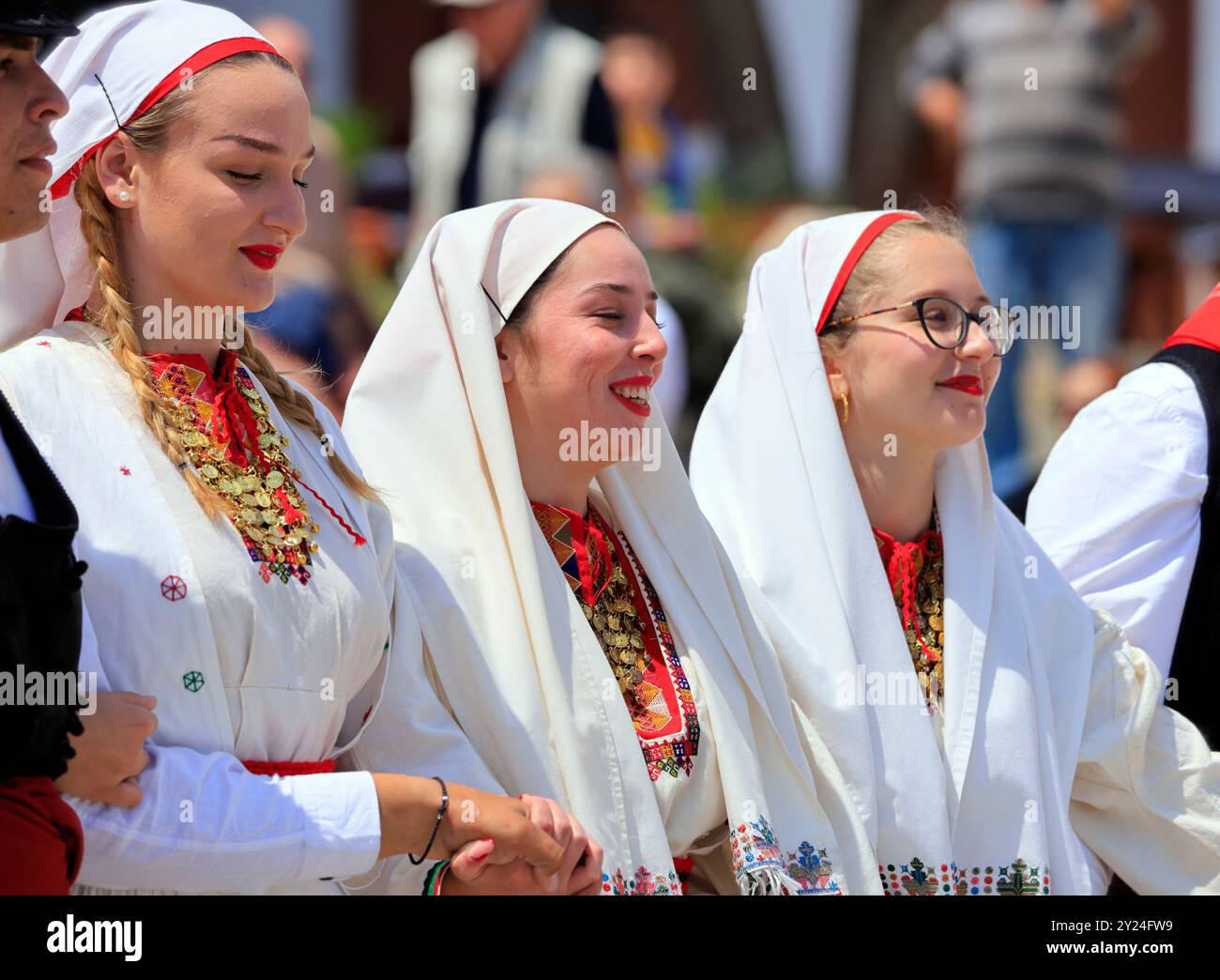 Traditional Greek dancers during the recording of a television ...