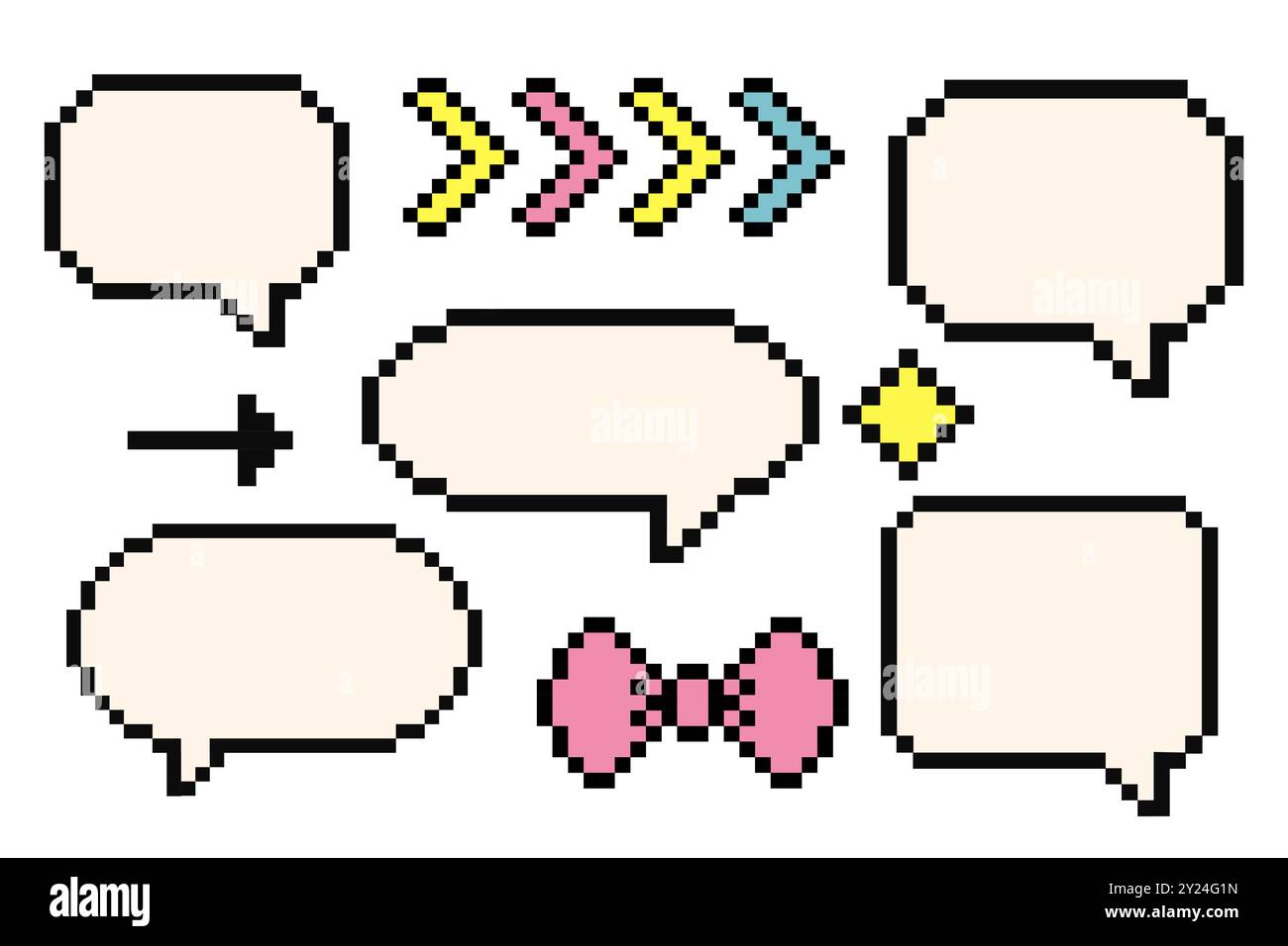 Set of pixel art cloud bubble quote box speech bubble dialog retro 8 bit arcade game interface ...