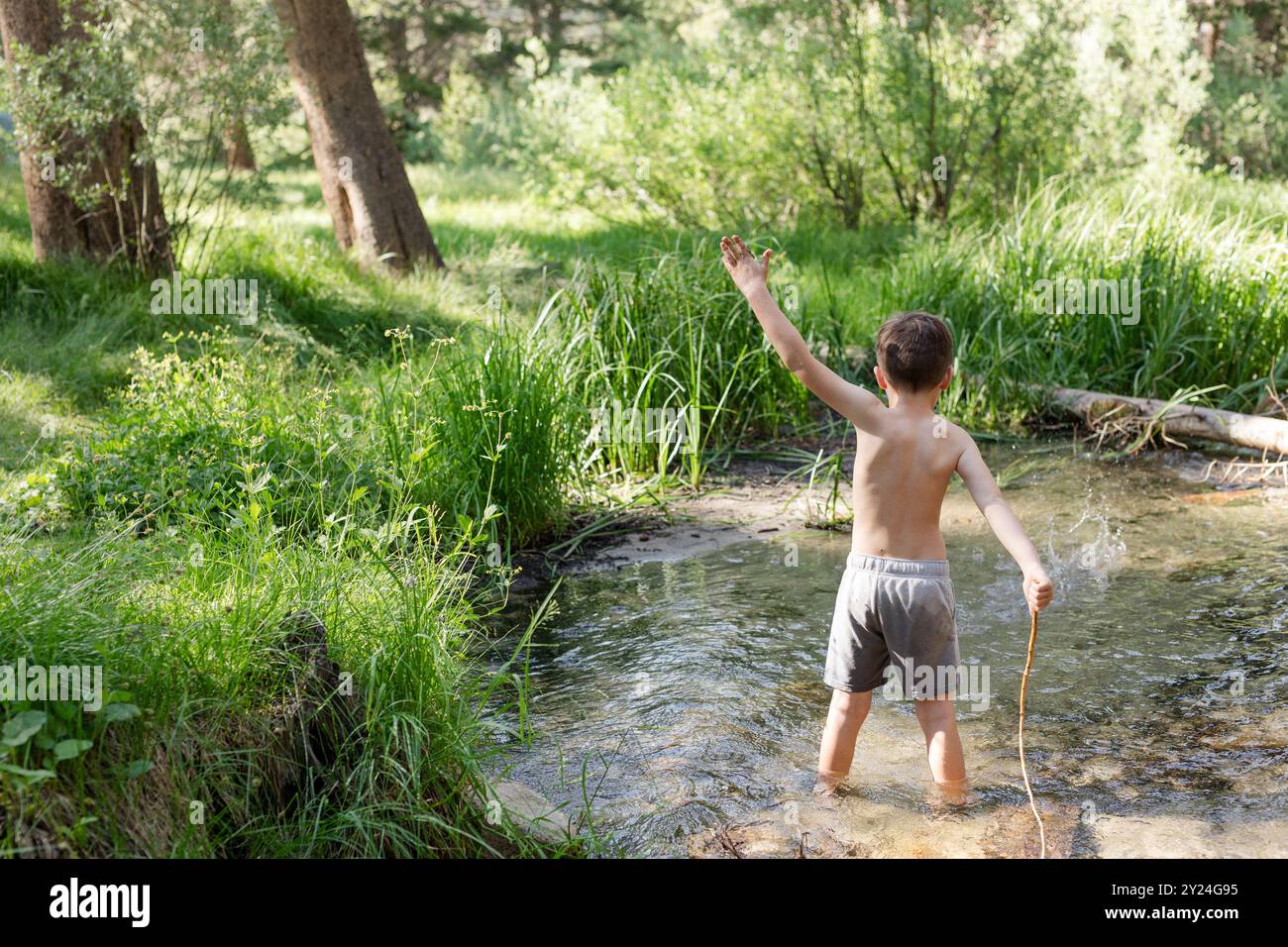 Child playing in a forest stream, holding a stick Stock Photo - Alamy