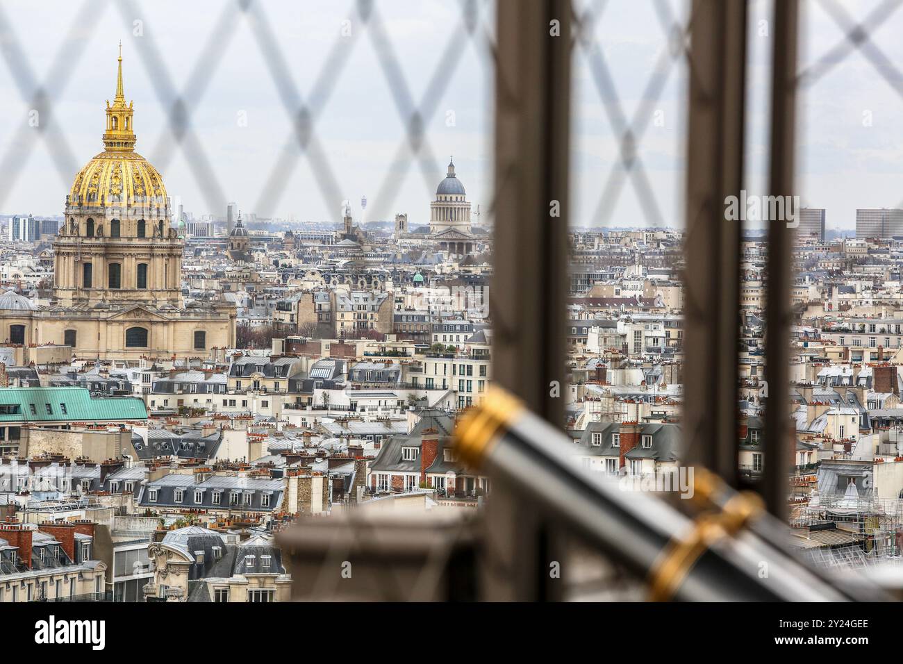 Spotting scope on Eiffel Tower, panoramic view of French capital, Paris ...