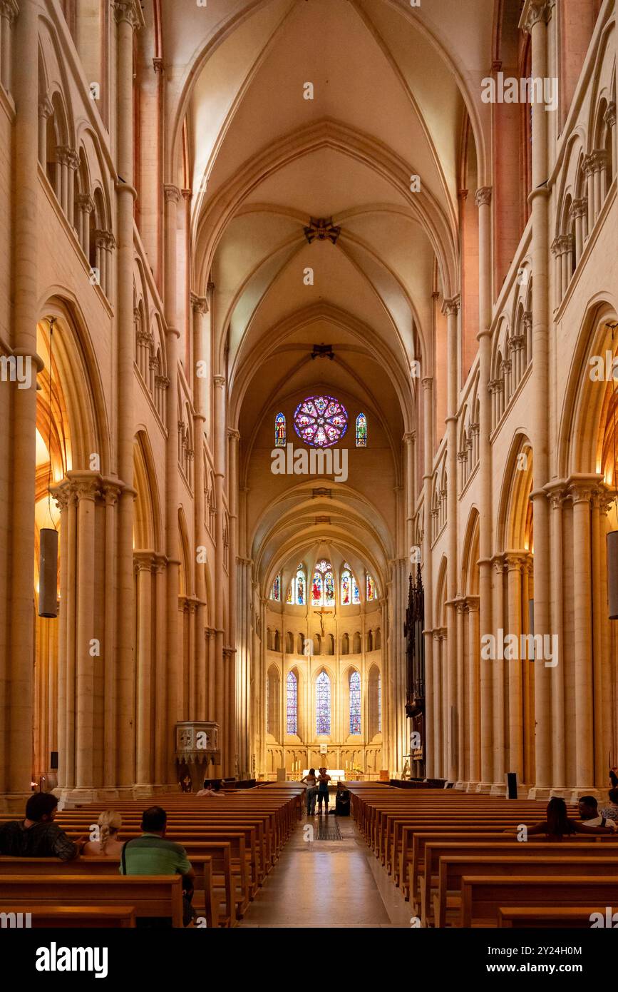 Lyon, France, August 17 2024 interior and nave of Gothic Saint John the ...