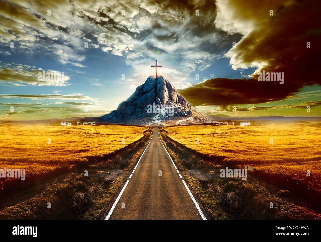 Landscape of crop fields and grassy meadows at sunset and road or path ...