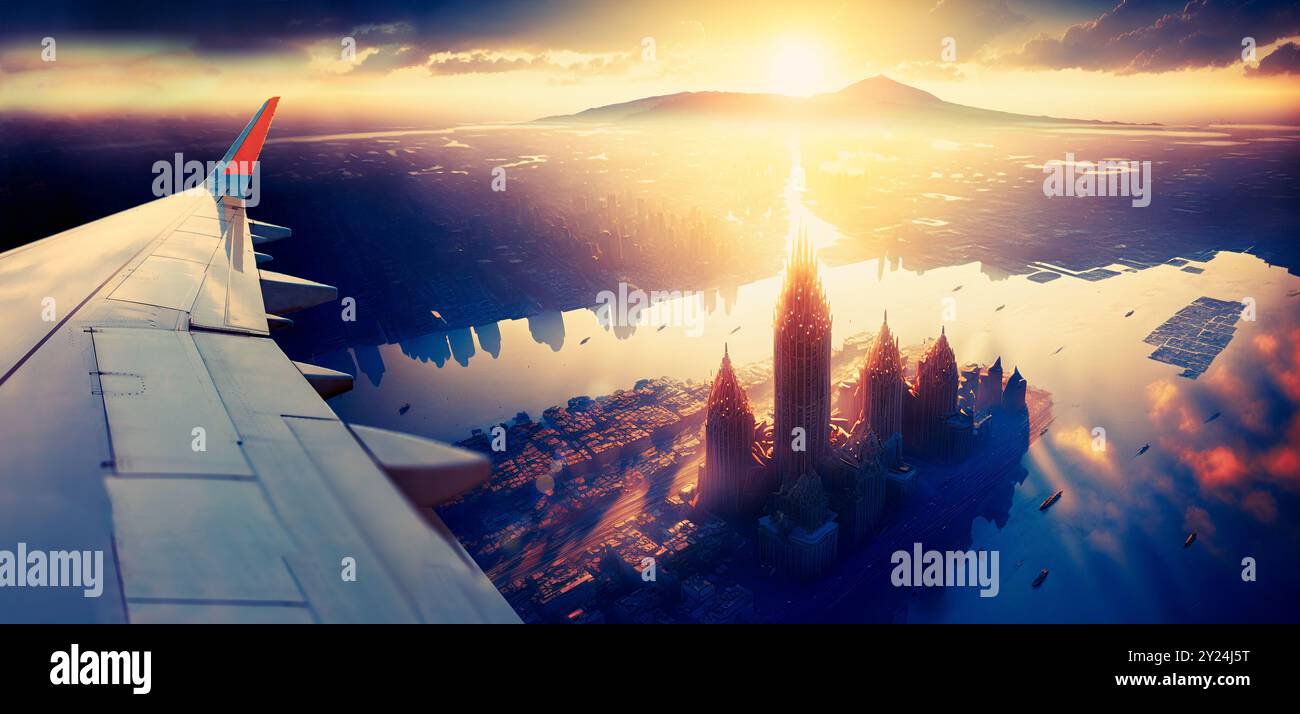 Concept of airplane travel. Flying above the city. Scenery sunset ...