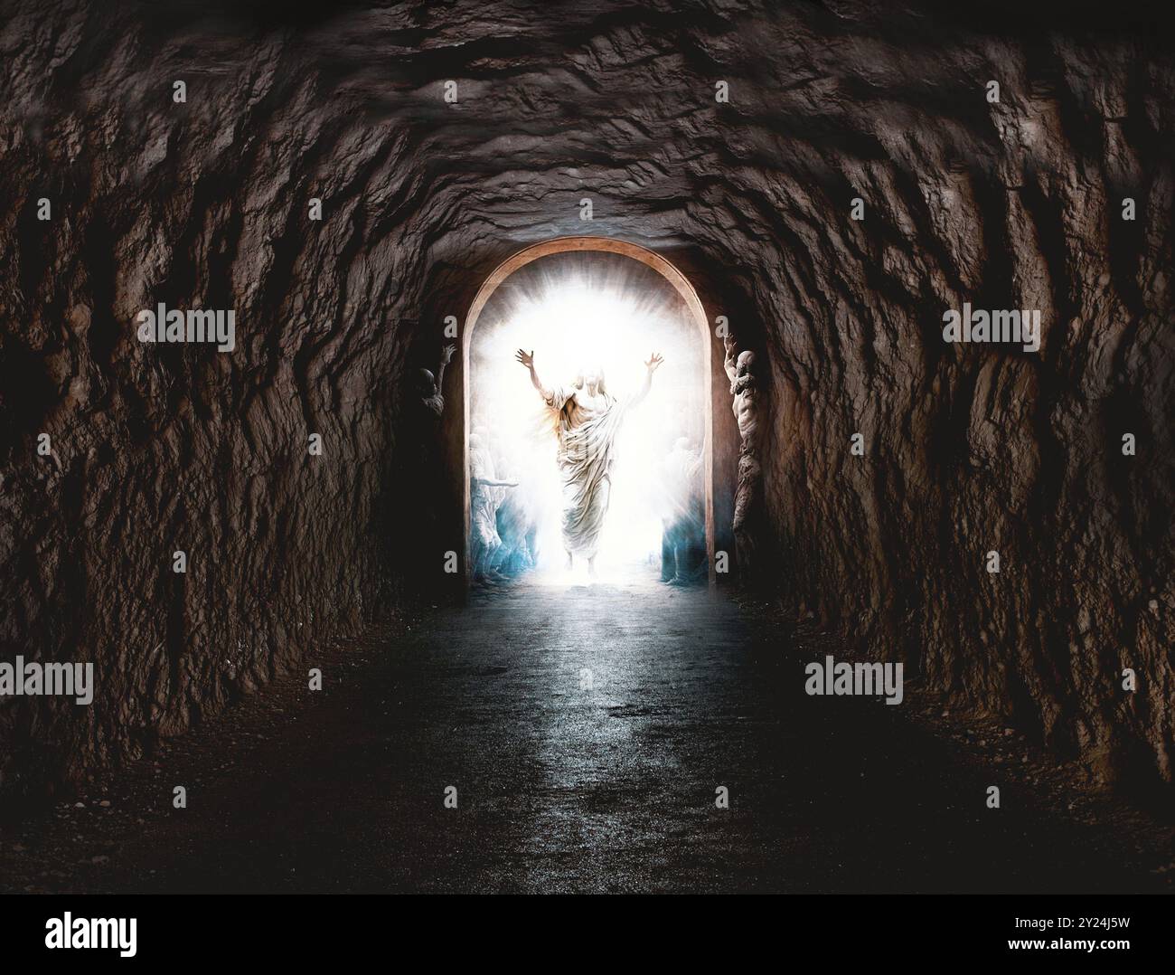 Illustration with tomb of Jesus christ risen and resurrection concept ...