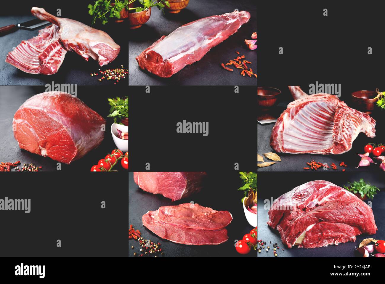 Collage or design of different types of raw meat for butcher shop or ...
