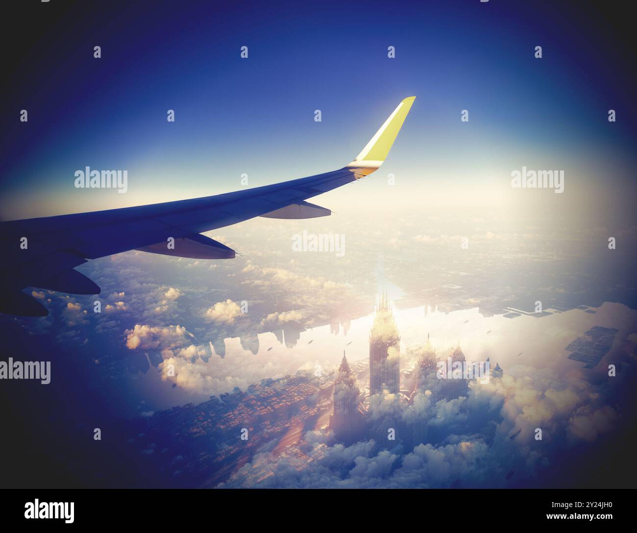 Beautiful sunset, sky on the top view, airplane flying view from inside ...