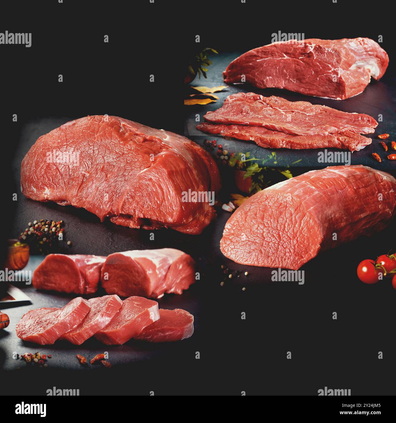 Collage or design of different types of raw meat for butcher shop or ...