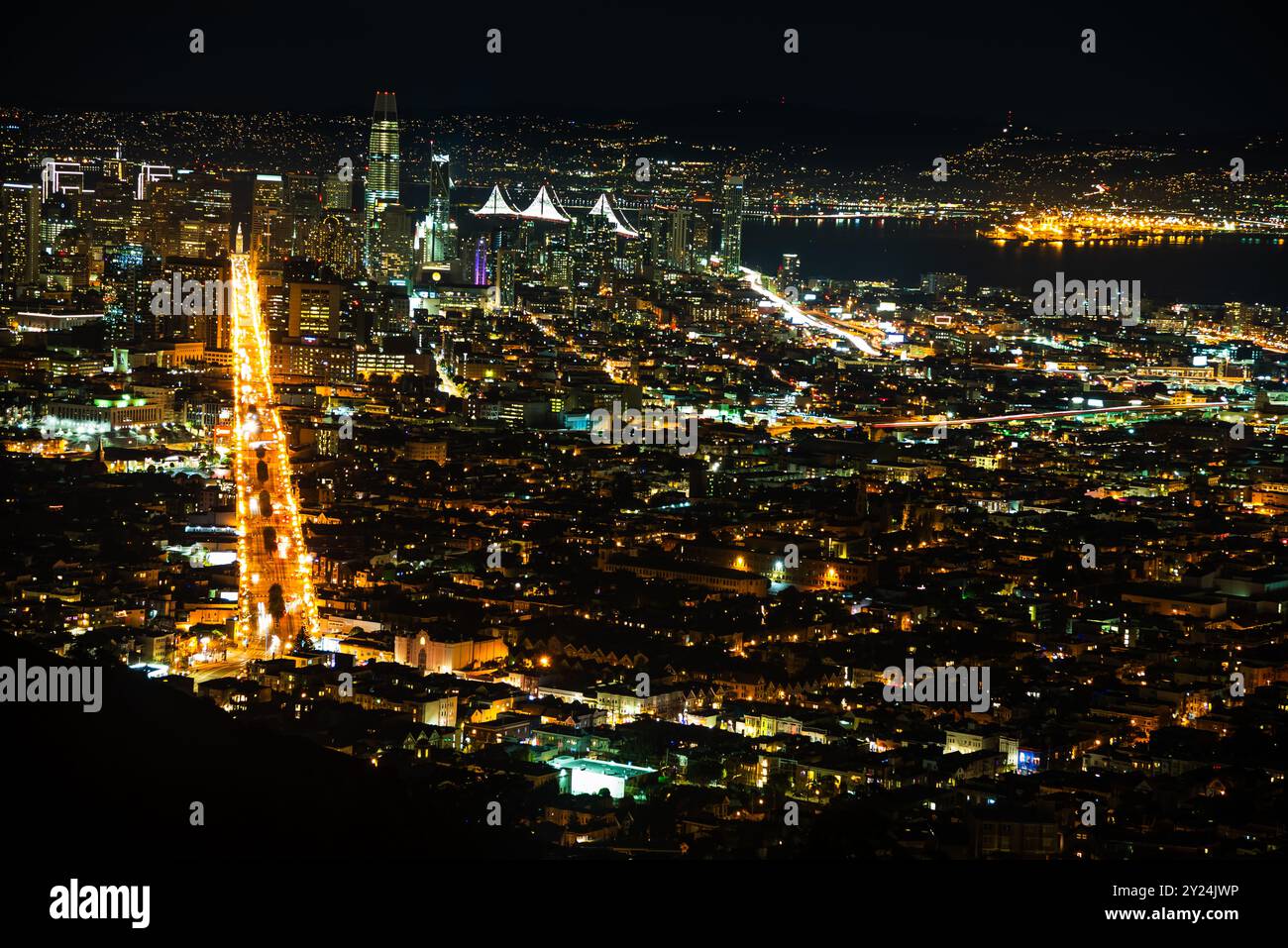 Night view of San Francisco, illuminated city streets, and skyline ...