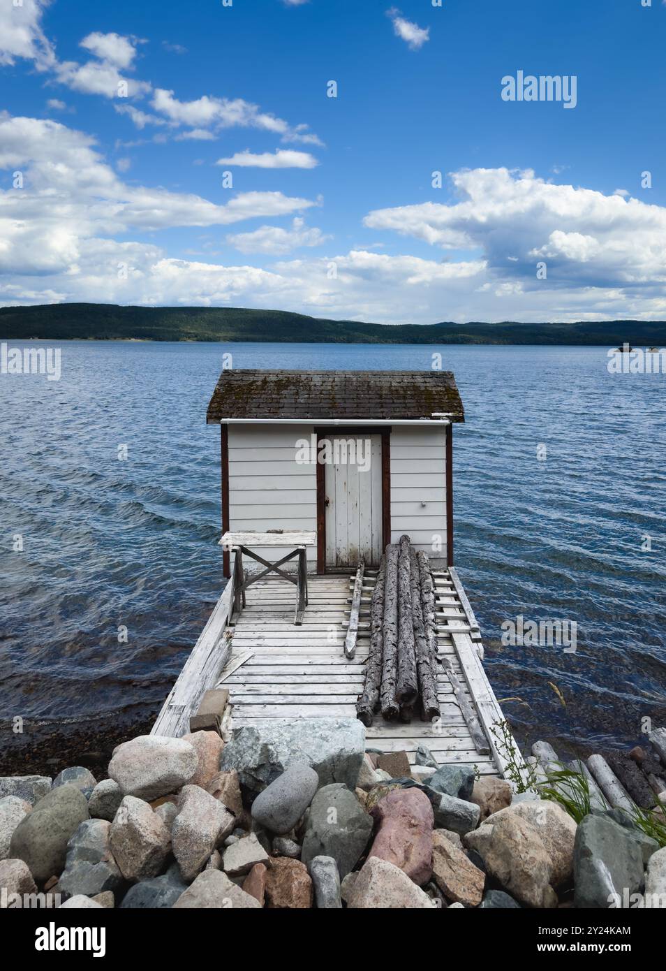 White fishing stage building at edge of ocean in Newfoundland Stock ...