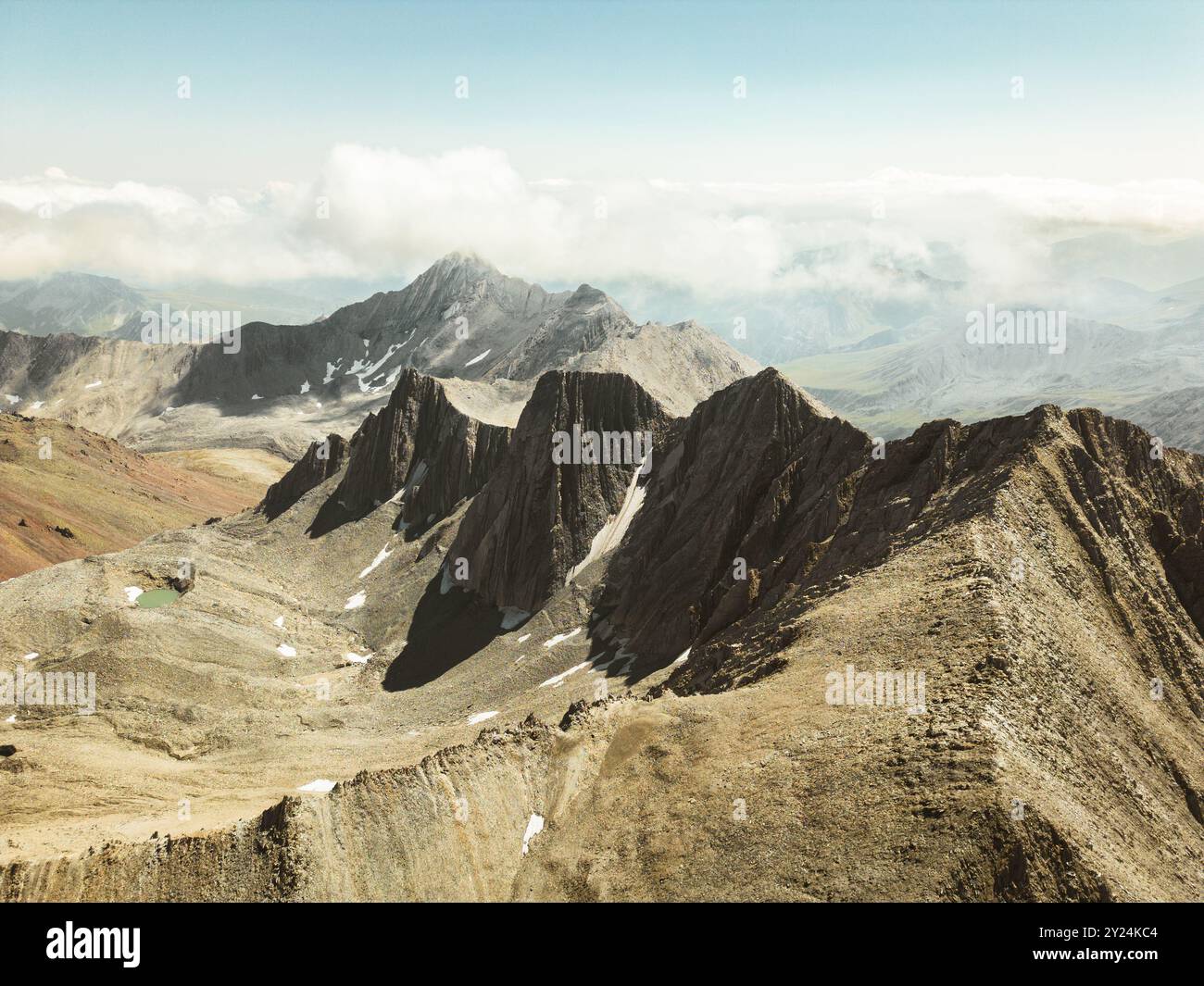 Aerial view caucasus mountains range with colorful valleys on alpine ...