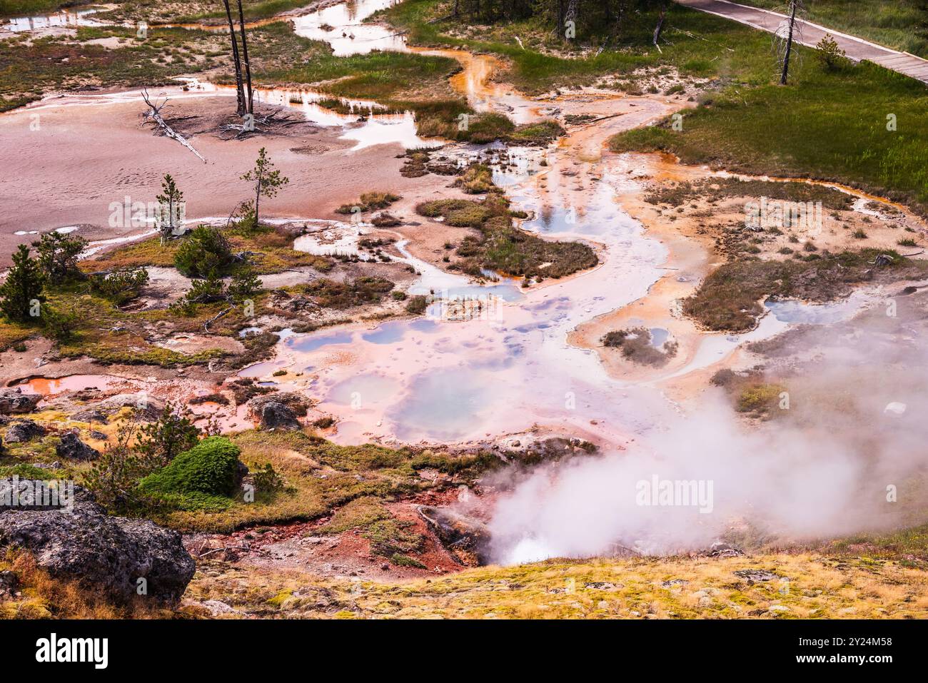 Vivid geothermal pools and steam vents in Yellowstone’s landscape Stock ...