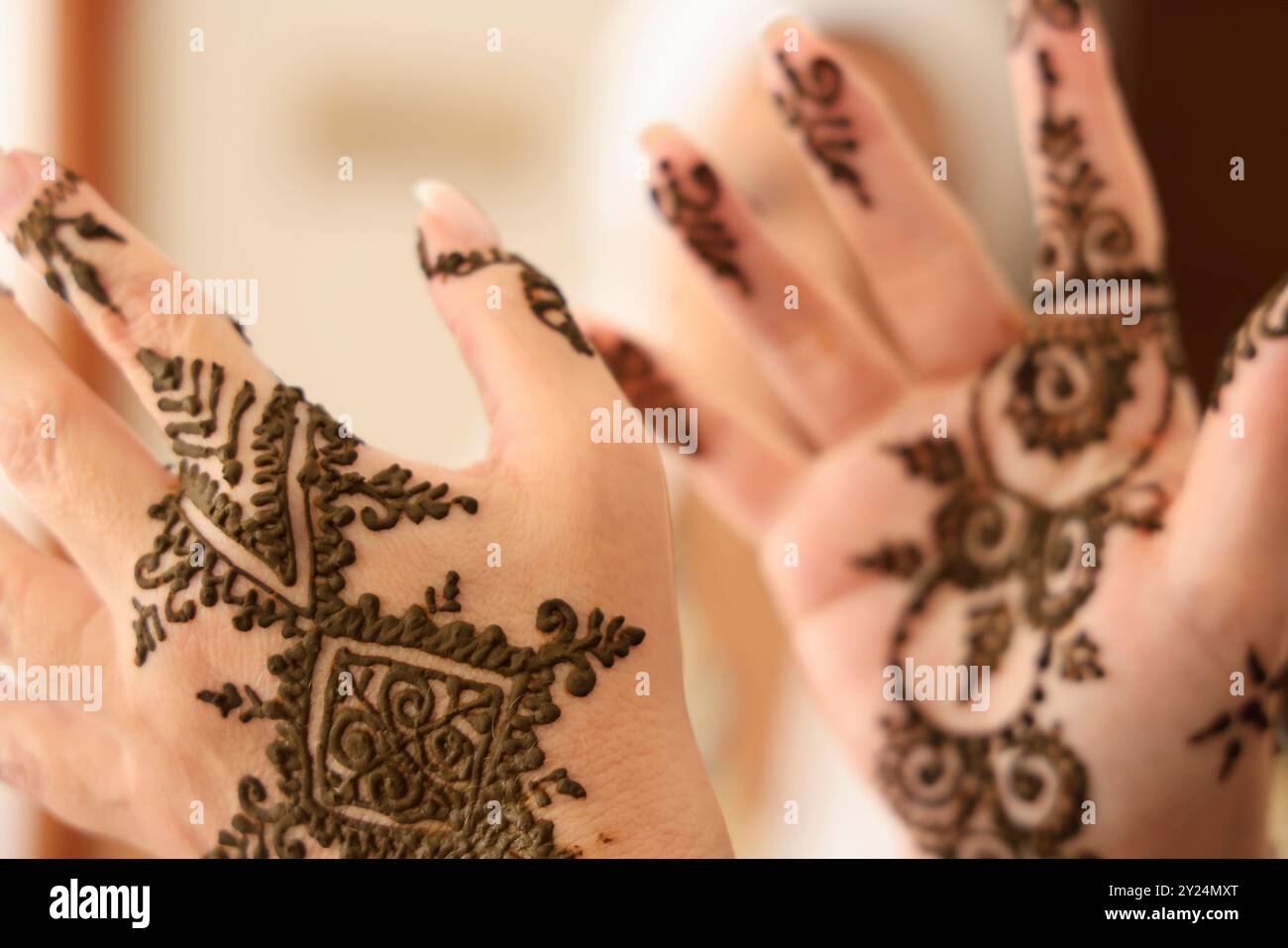 Temporary tattoo of woman's hands with henna in the Marrakech region of ...