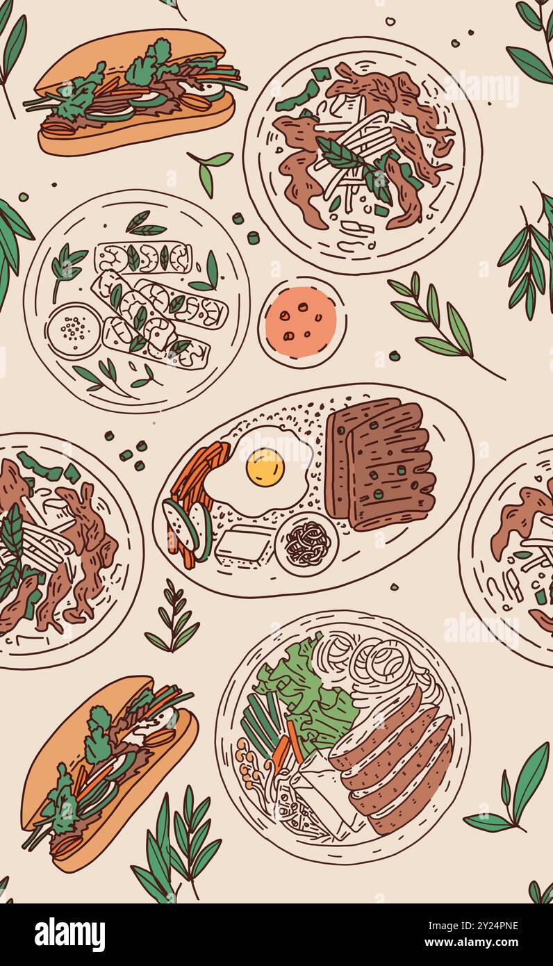 food doodles egg burger fresh green elements seamless pattern menu restaurant vector artwork ...