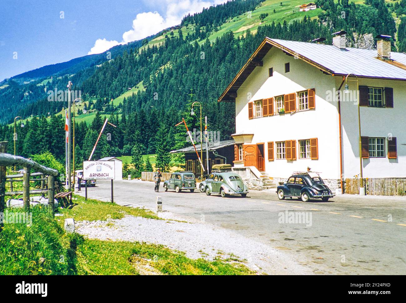 Cars at border crossing frontier control sign for British Zone, Arnbach ...