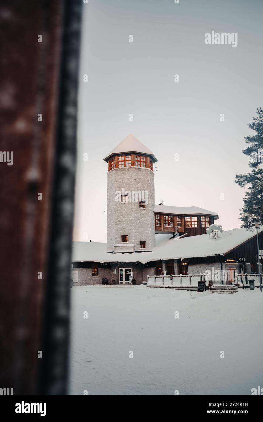 Entrance building in winter to wildlife park in Ranua, Lapland in snowy ...