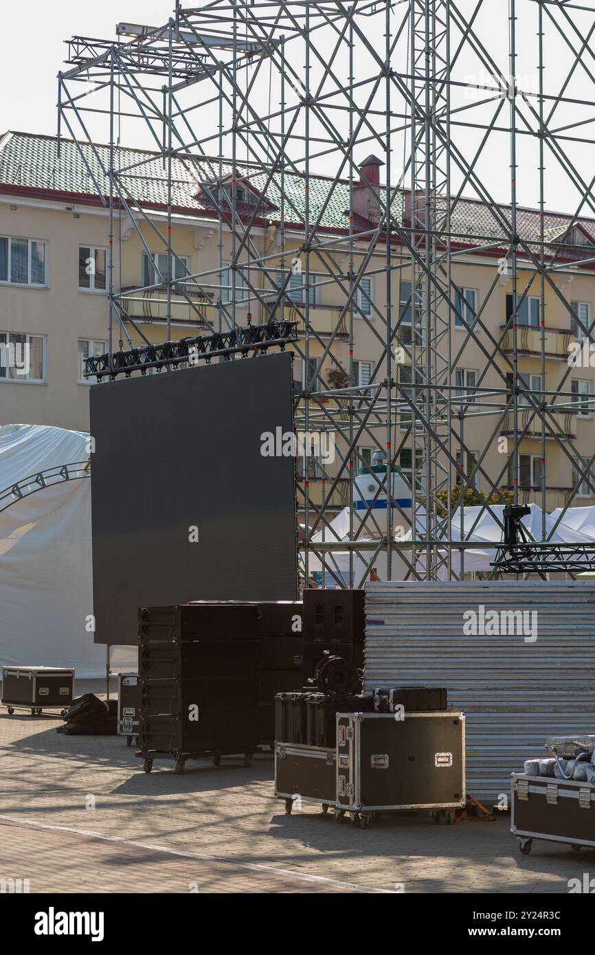 Stage equipment for the organization of concert shows. Boxes with ...