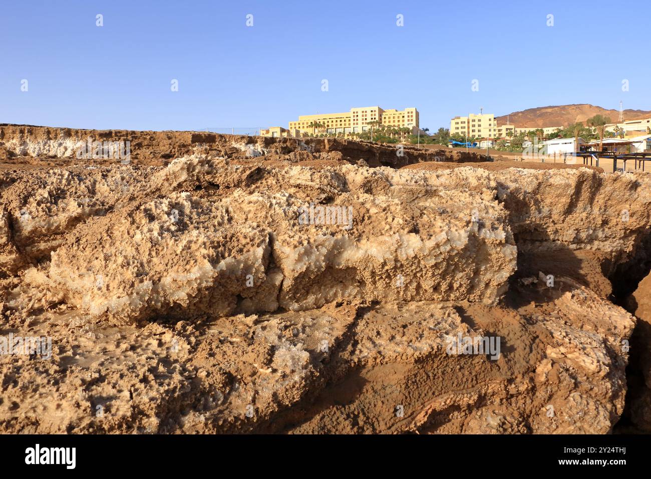 Ecological catastrophe of the Dead Sea. Erosion and salt formations on ...