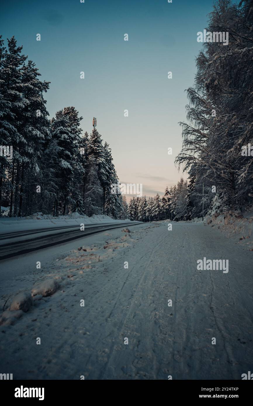 Snowy road through forest in winter in Rovaniemi, Lapland Stock Photo - Alamy