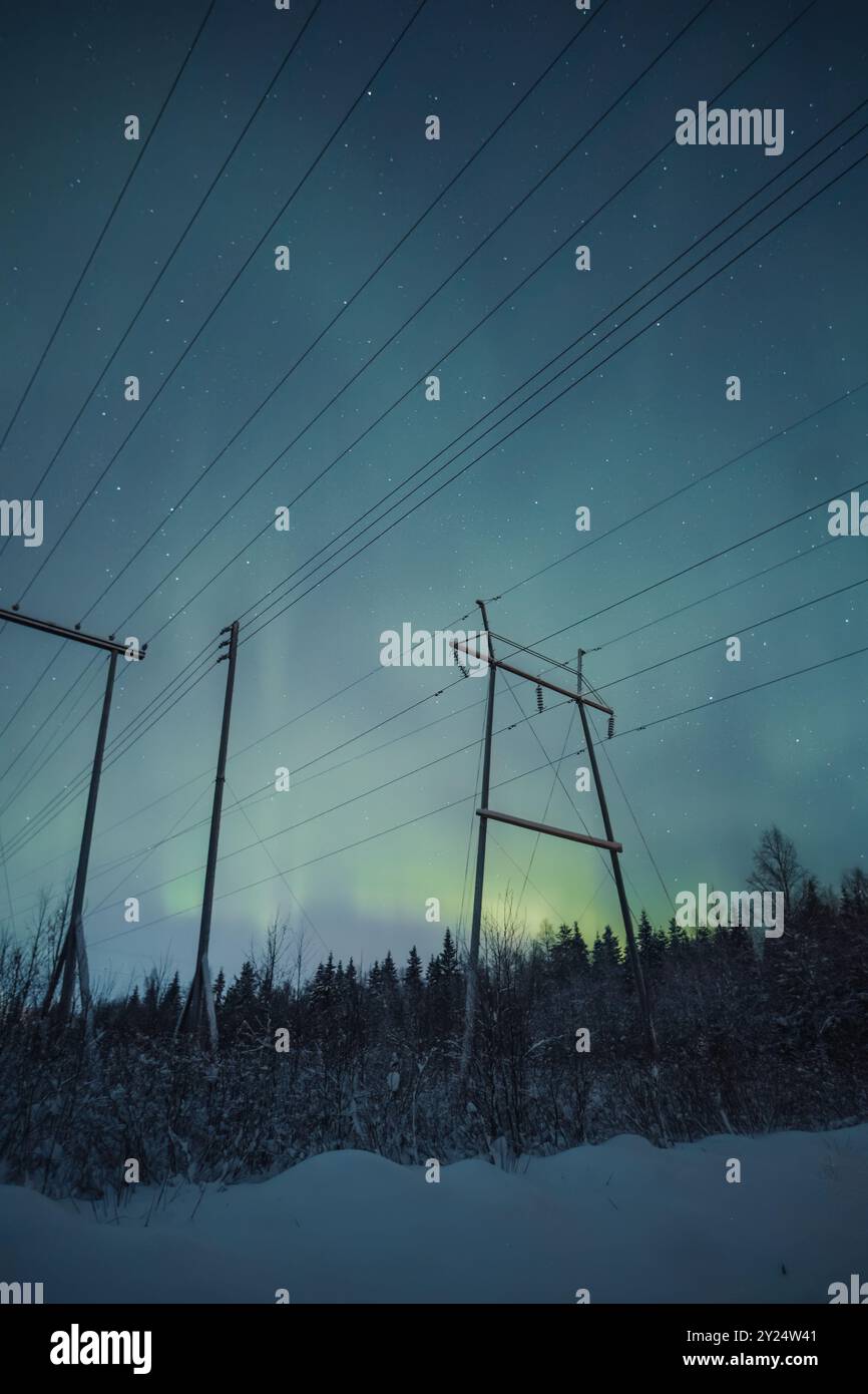 Aurora in starry night sky behind snowy pylons in Rovaniemi, Lapland ...