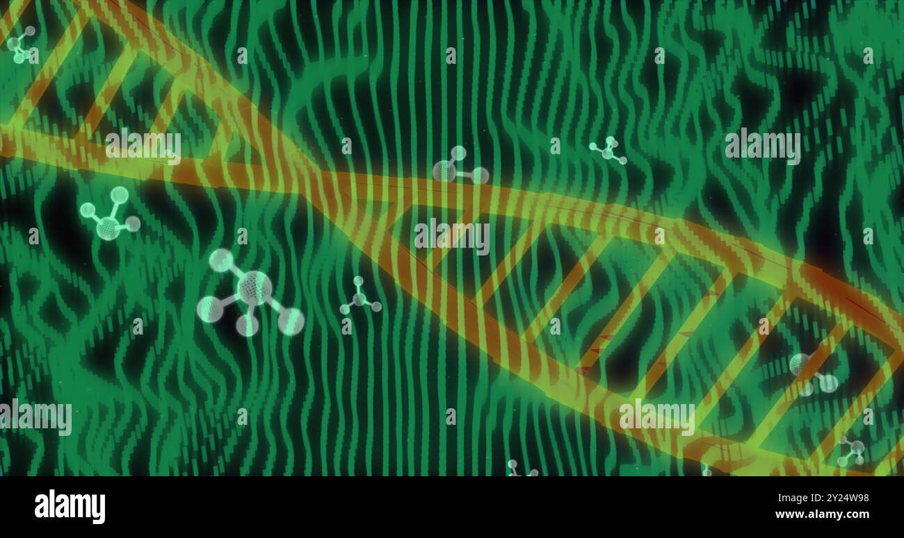 DNA strand and molecular structures over green waves, scientific image ...