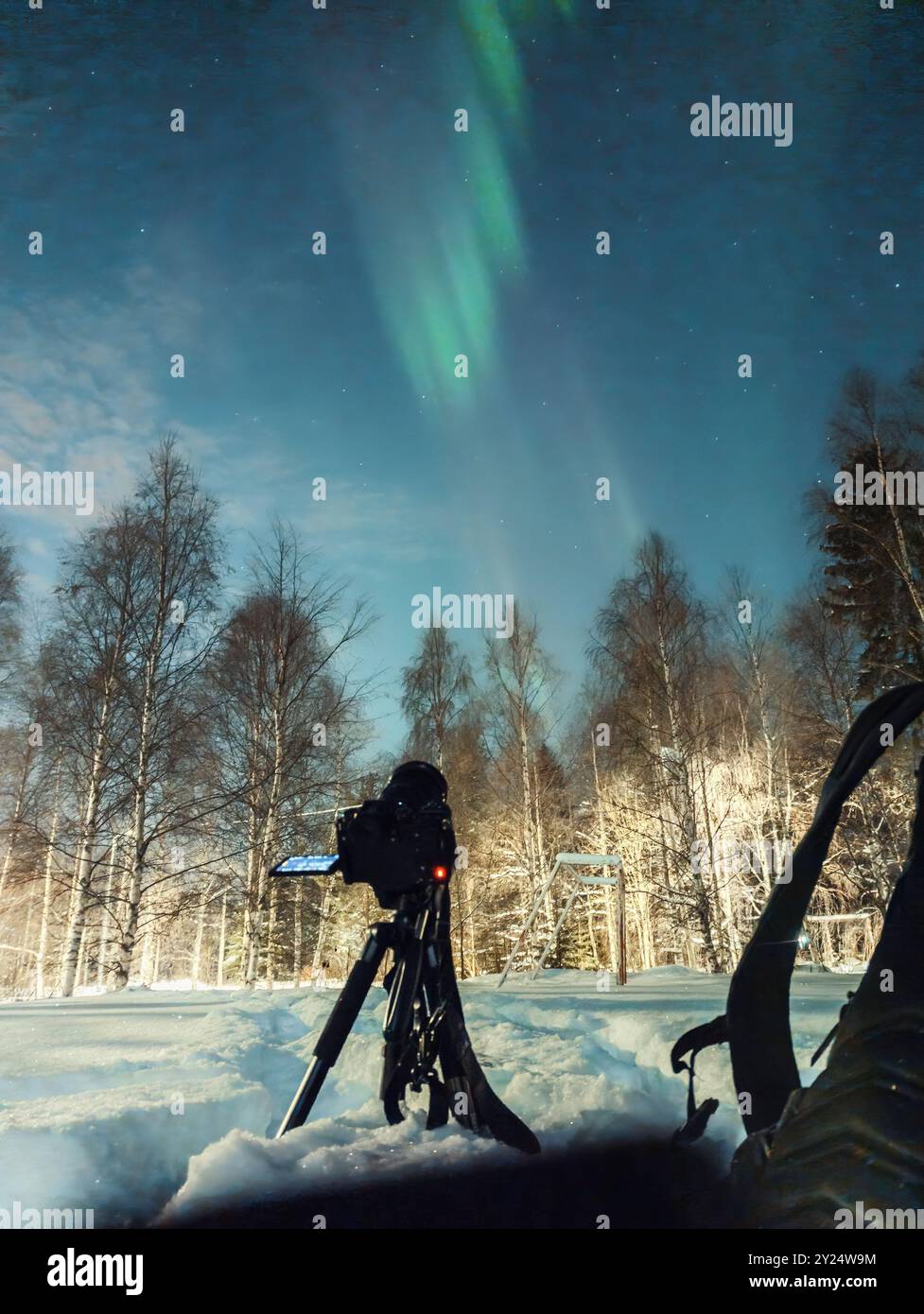 Camera taking photos in snowy forest below northern lights in Rovaniemi ...