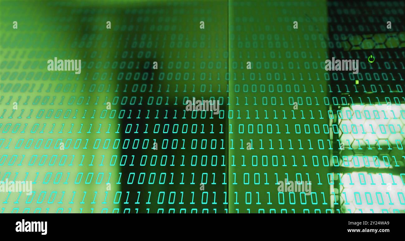 Binary code image over shadowy figure in green background Stock Photo ...