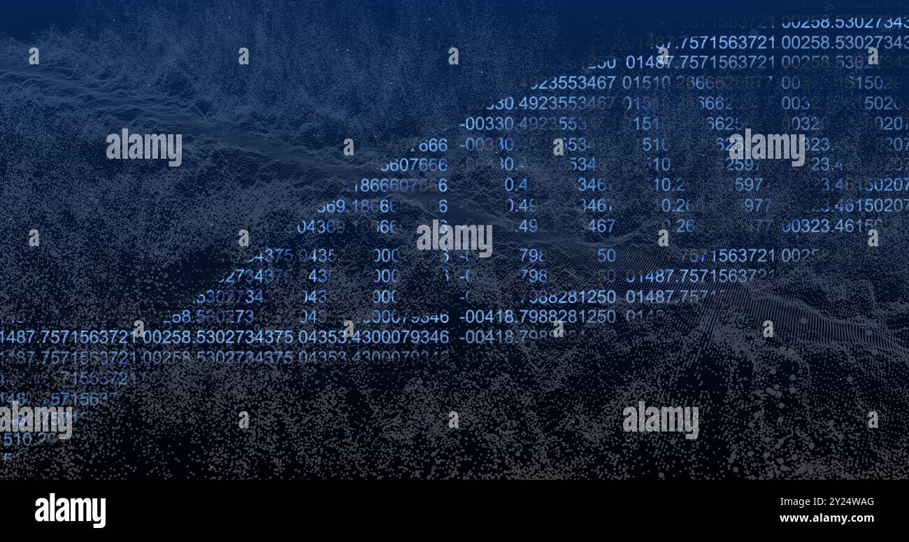 Binary code and numerical data processing over digital landscape image Stock Photo - Alamy