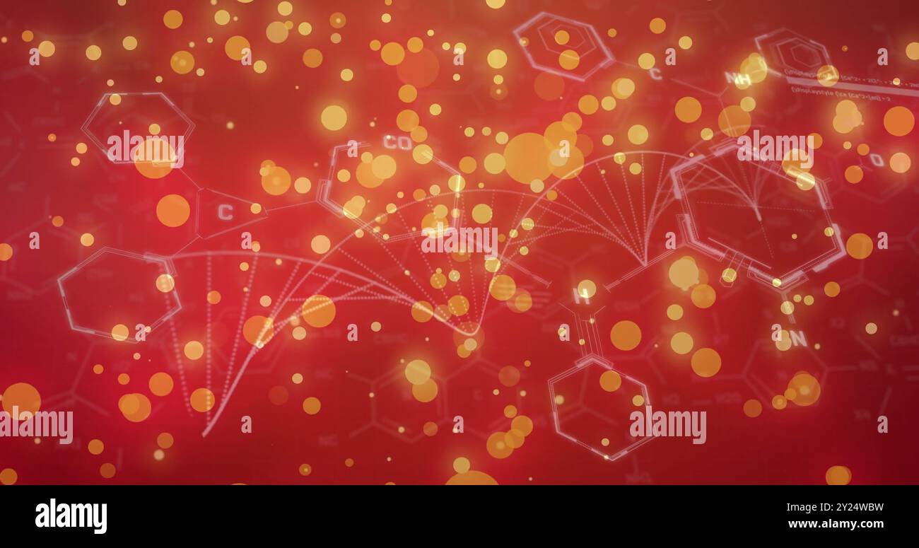 Chemical structures and molecular bonds over red background with ...