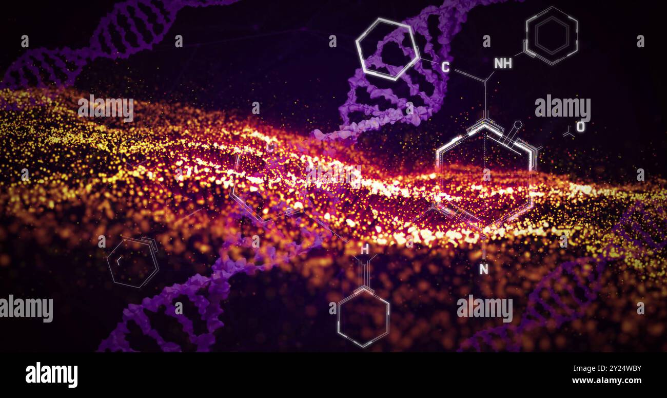 DNA strands and chemical structures image over glowing particles Stock ...