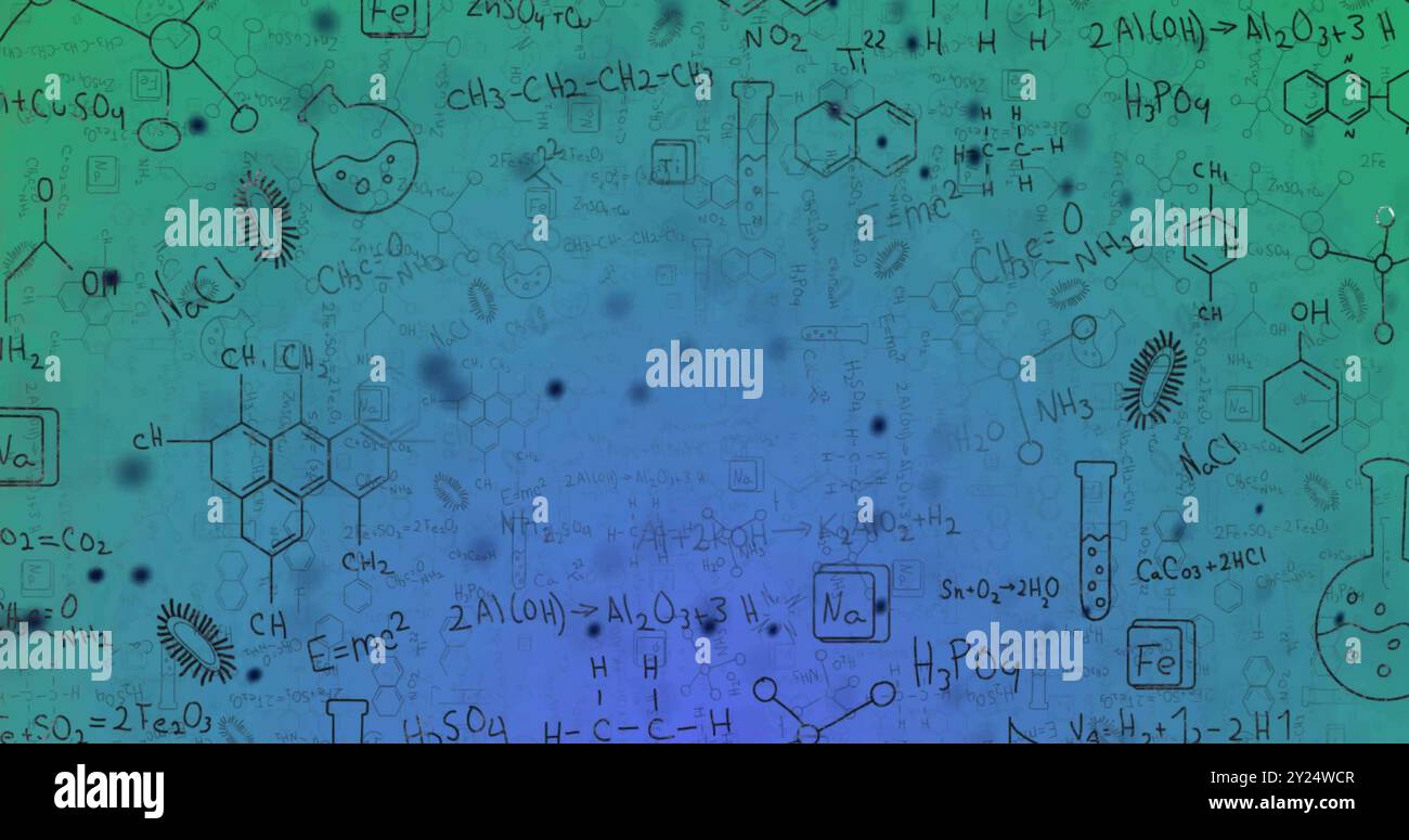 Chemical formulas and molecular structures over abstract scientific ...