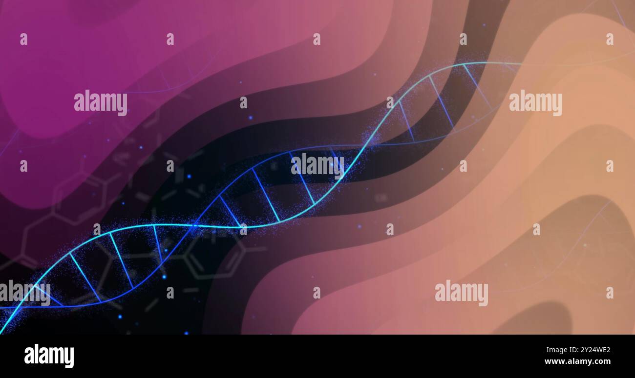 DNA strand image over abstract colorful waves and molecular structures ...