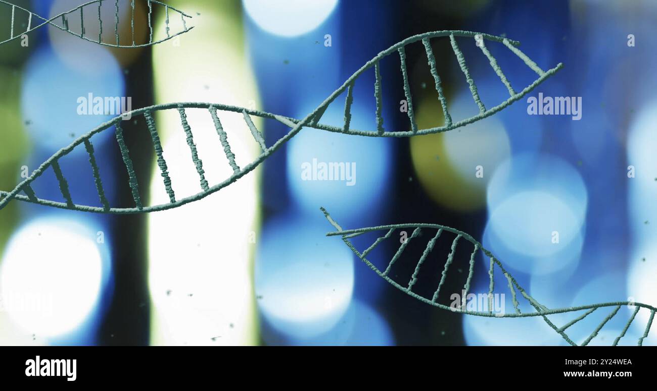 DNA strands image over blurred lights background Stock Photo - Alamy