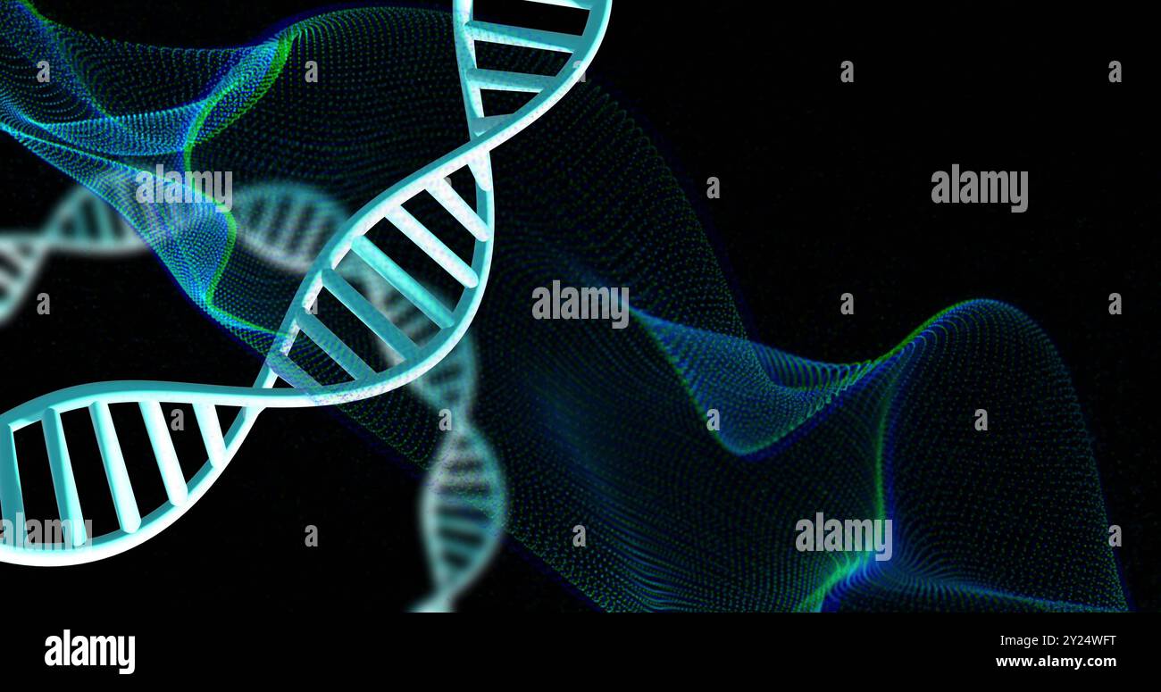 DNA strand and digital wave image over black background Stock Photo - Alamy