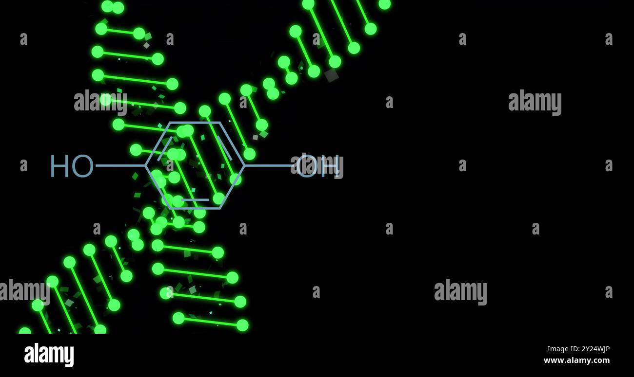 DNA strand and chemical structure image over black background Stock ...