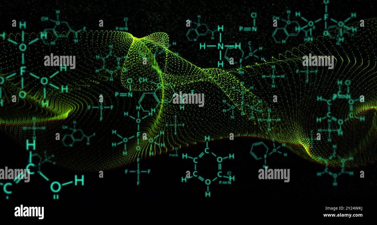 Chemical structures and molecular bonds over dynamic green wave image ...