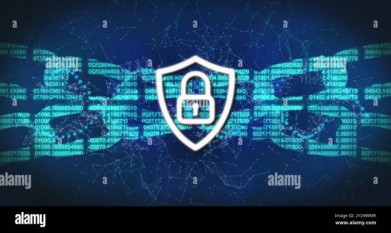 Shield with lock icon and binary code over digital network connections Stock Photo - Alamy