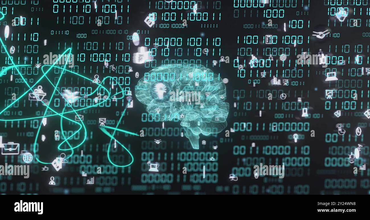 Brain image with binary code and data processing symbols over digital ...