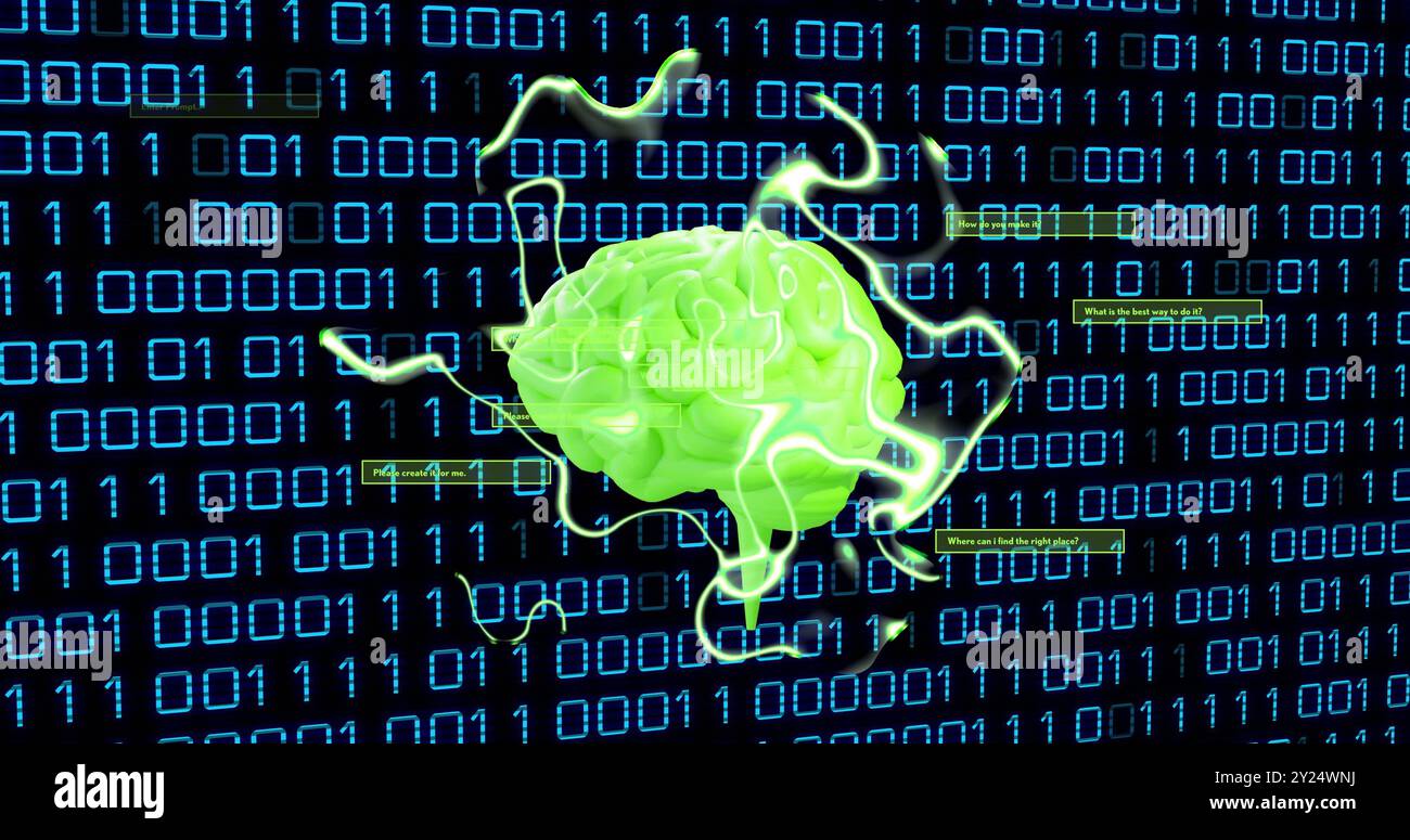 Green brain image over binary code background with electric currents Stock Photo - Alamy