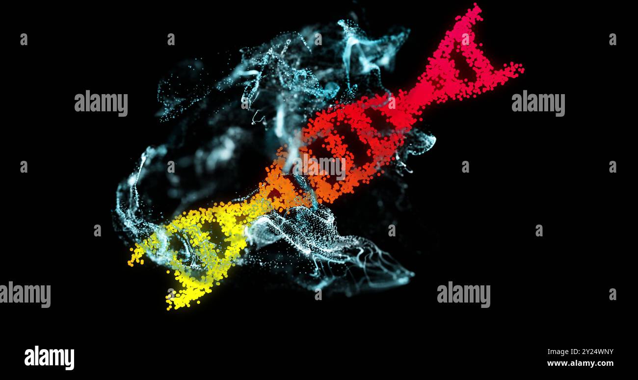 Colorful DNA strand image with particles and smoke effects on black ...