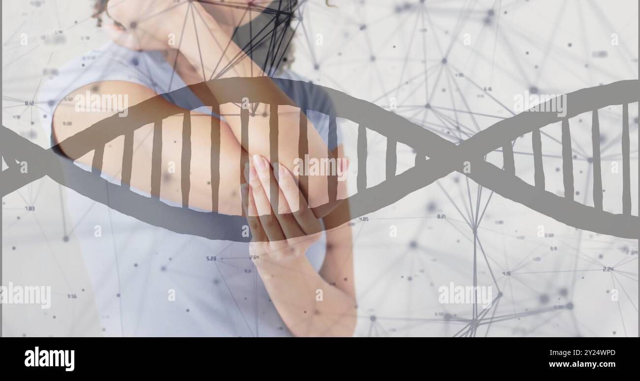 Image of dna strand and connections over african american woman holding ...