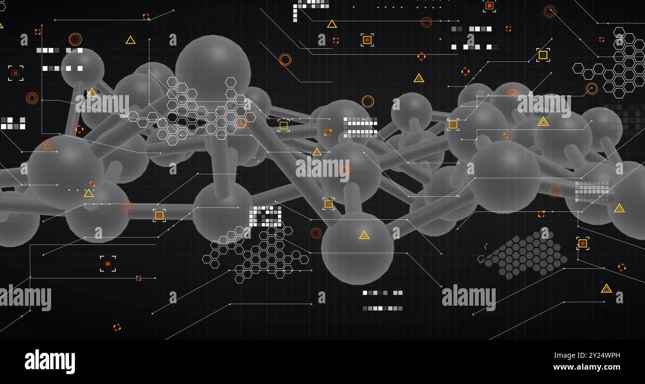 Image of dna network of connections and molecules on black background ...