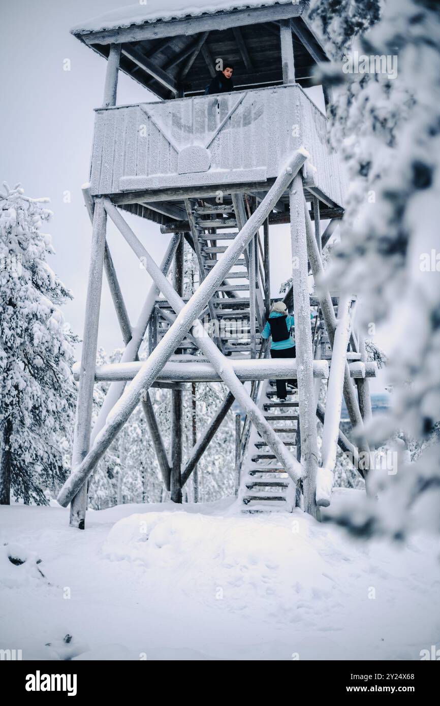People climbing lookout tower in forest in winter in Rovaniemi, Lapland ...
