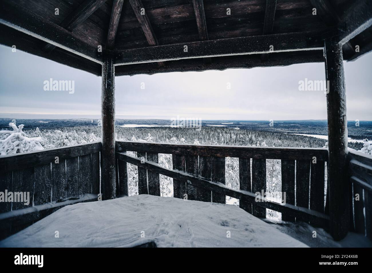 Inside the top of a lookout tower in the Lappish wilderness near ...