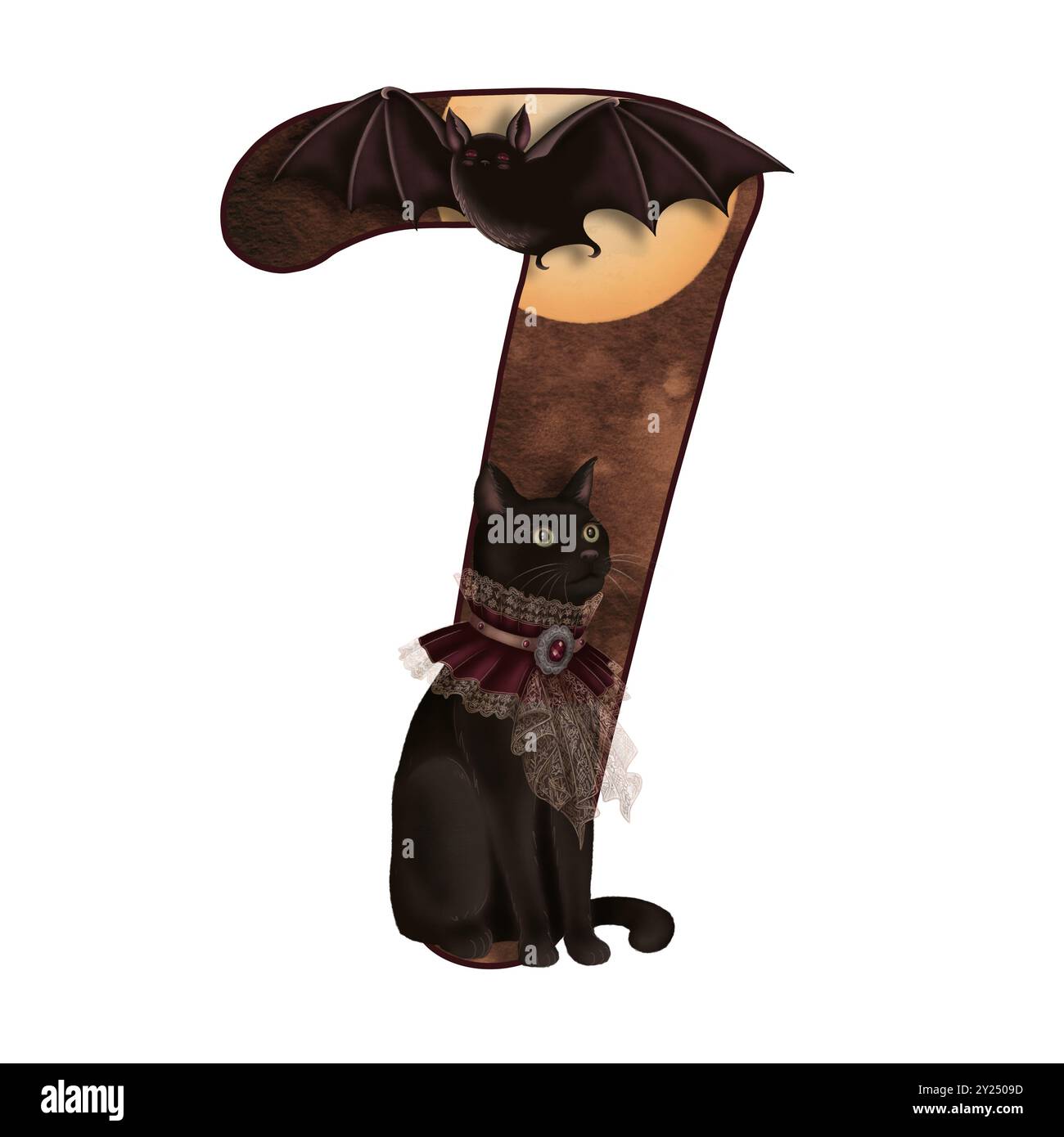 Number seven Halloween illustration with black cat and bat in cartoon ...