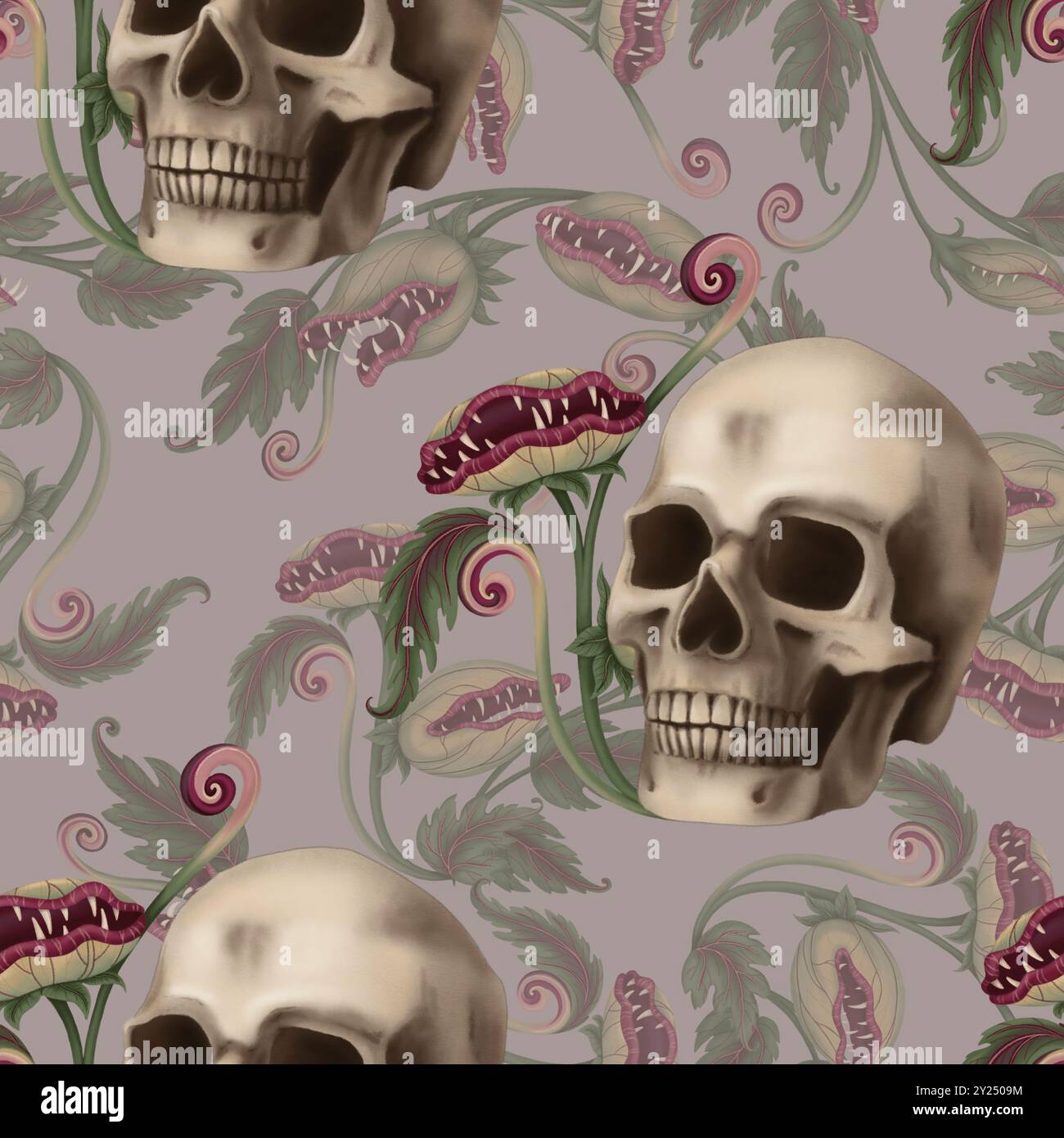 Halloween Seamless pattern with carnivorous plant and skull in cartoon ...