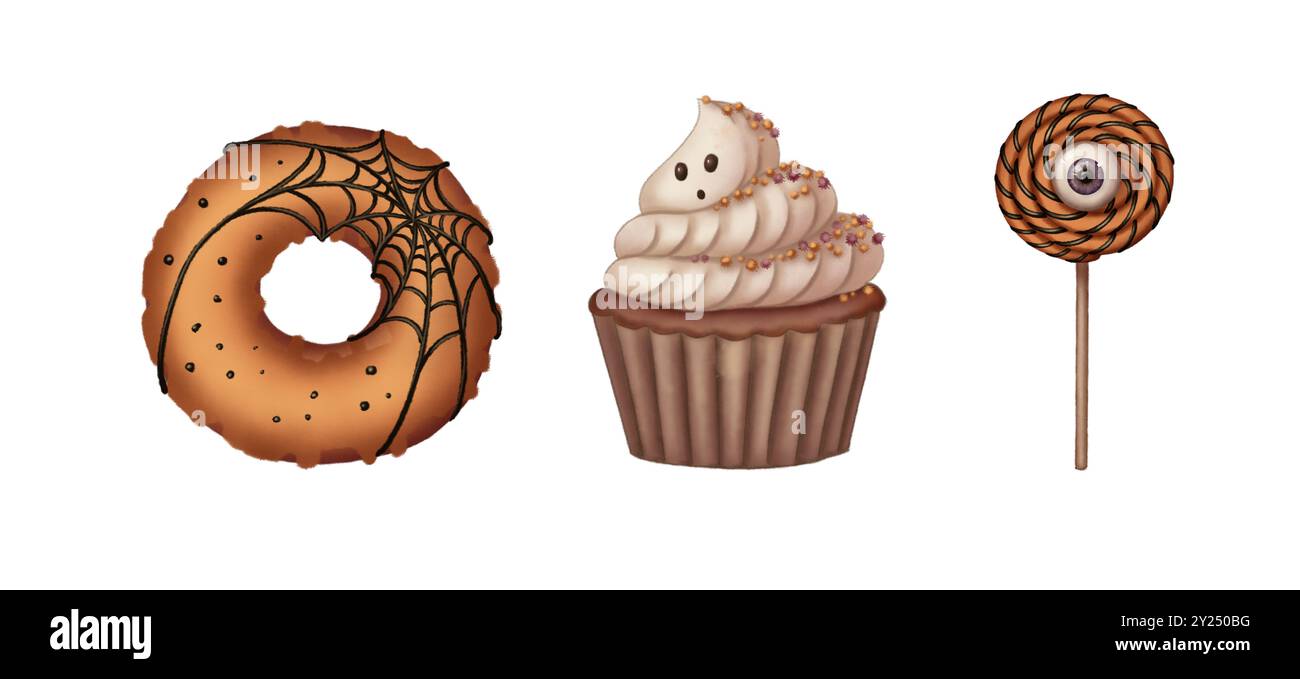Halloween candy set with ghost cupcake and lollipop with eye in cartoon ...