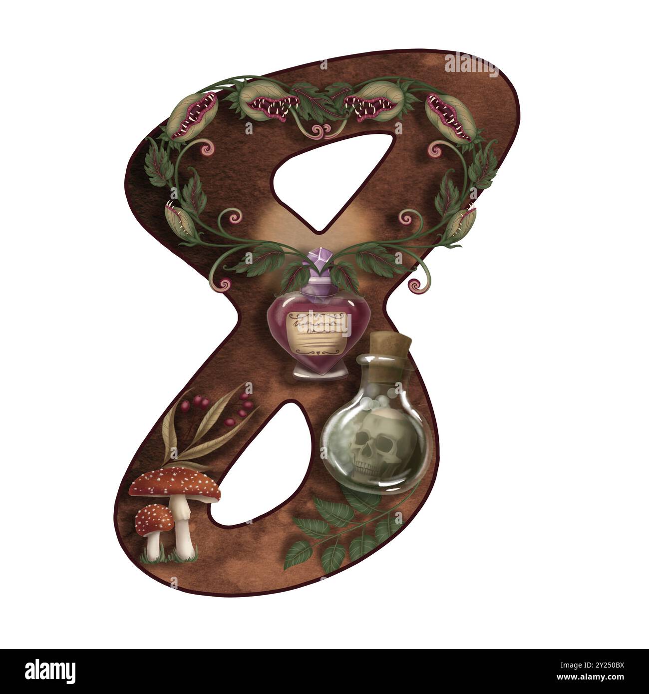 Number eight Halloween illustration with potion and plant in cartoon ...