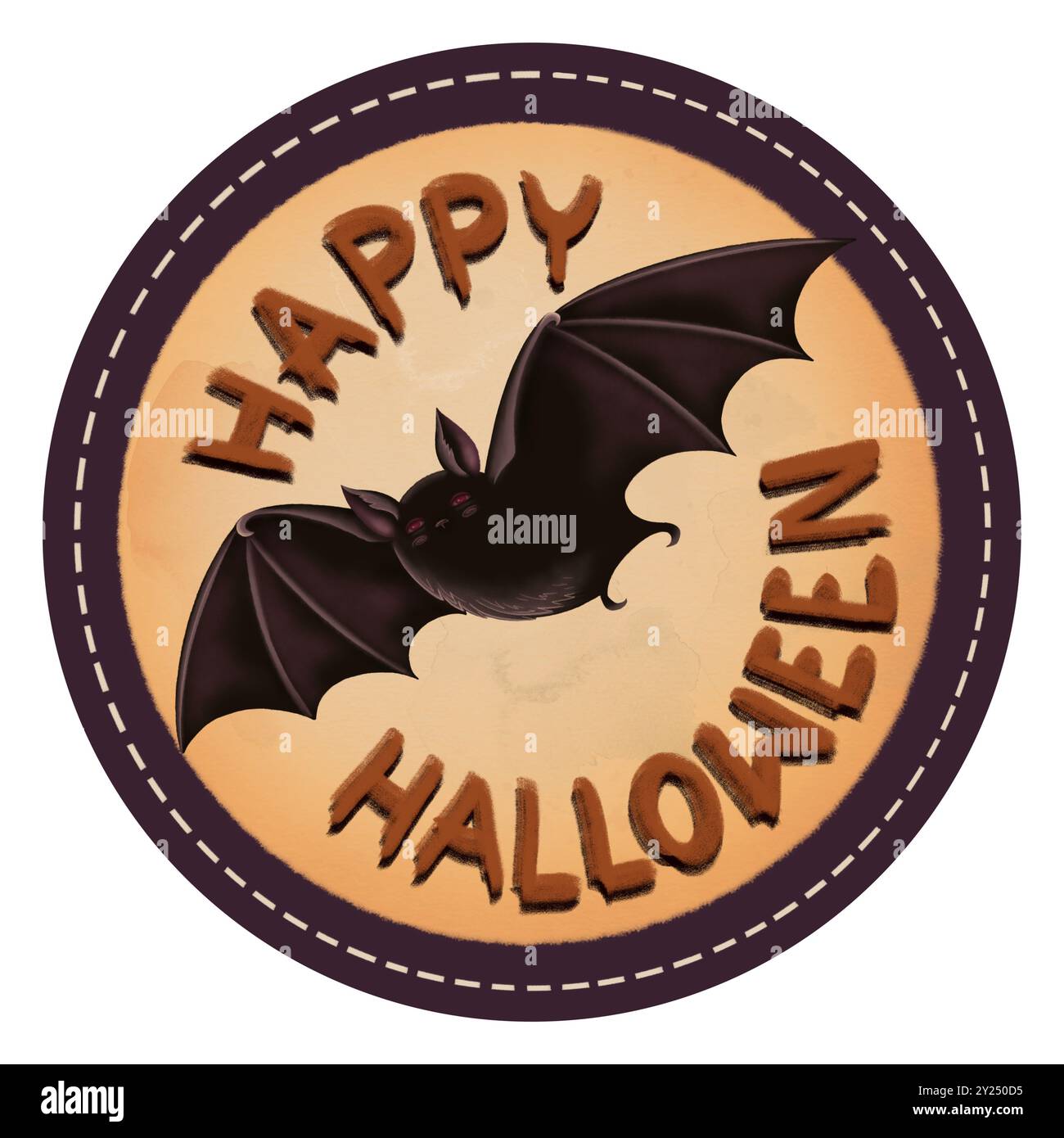 Happy Halloween round gift tag with moon and flying bat in cartoon ...