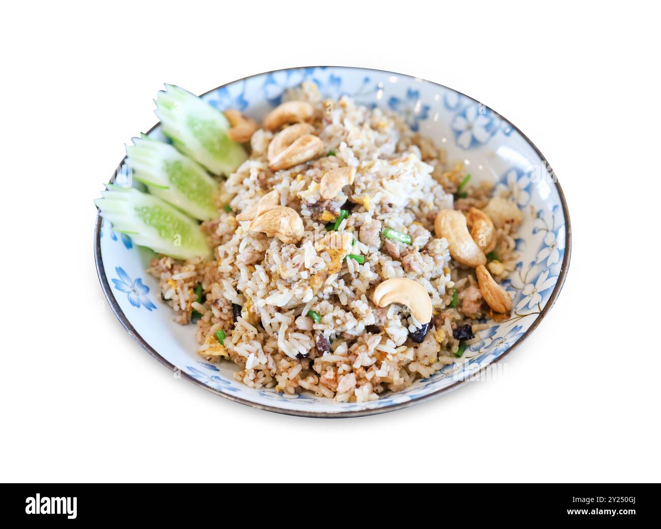 Die cut of Chinese Olives Fried Rice topping with Cashew nuts on white ...