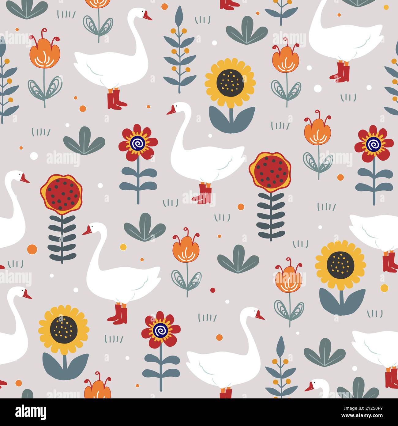 Cute seamless pattern with goose in red boots and doodle flowers ...